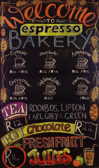 Menu at Espresso Bakery, Cape Town, 19 Section Street