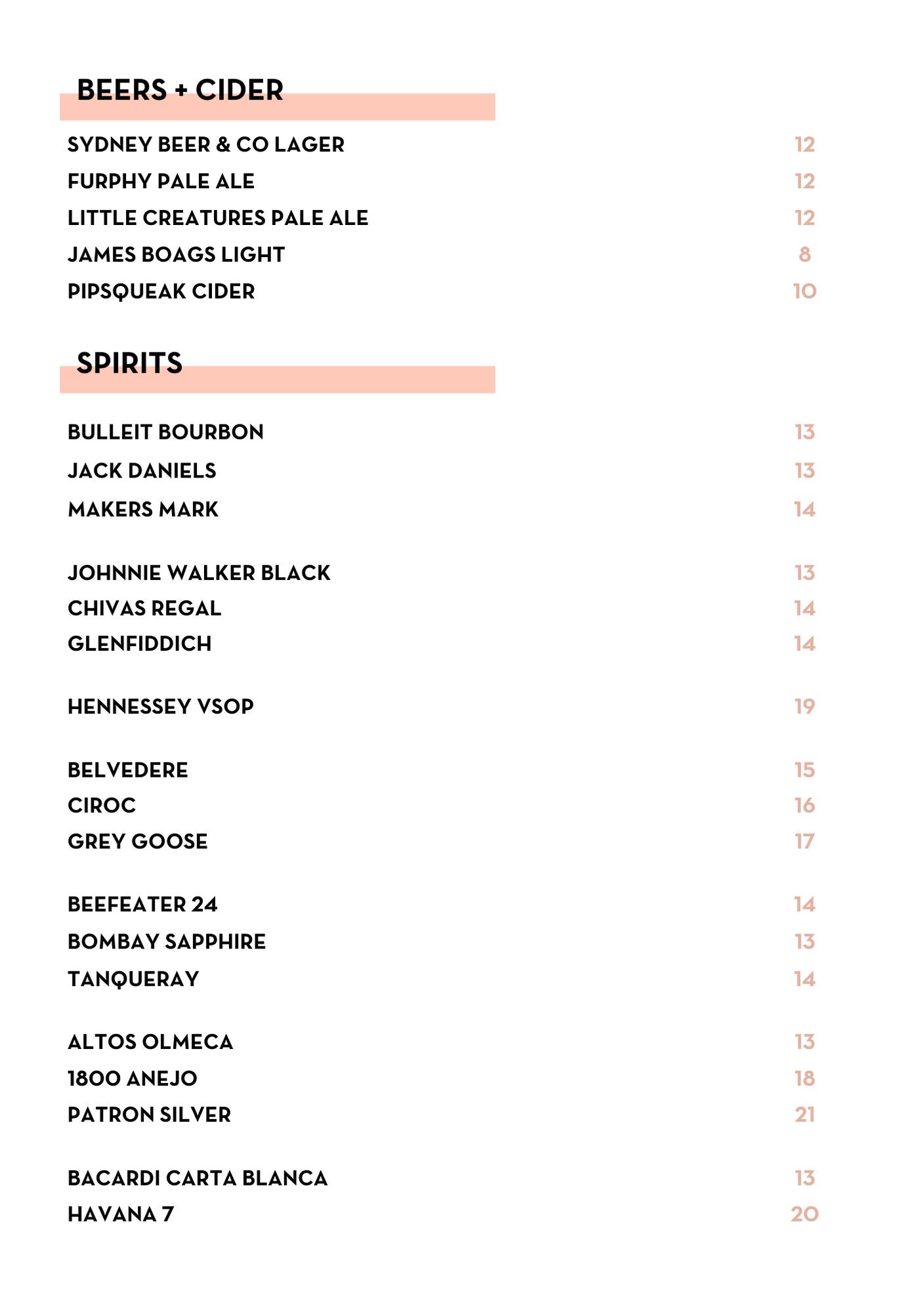 Carta de Hyde Hacienda Sydney Bar + Lounge, Sydney