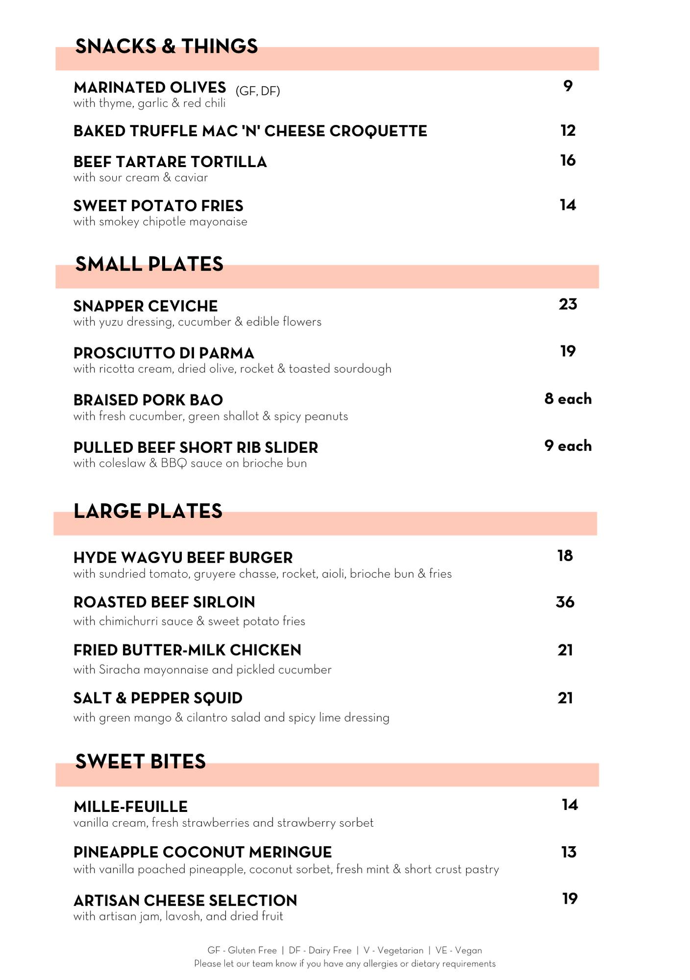 Carta de Hyde Hacienda Sydney Bar + Lounge, Sydney