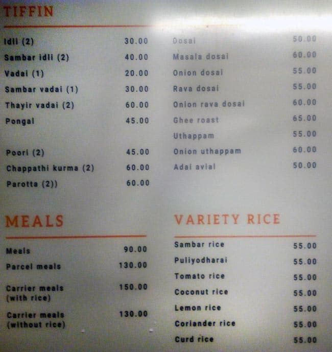 Menu of House Of Annapoorna, Thiruvanmiyur, Chennai