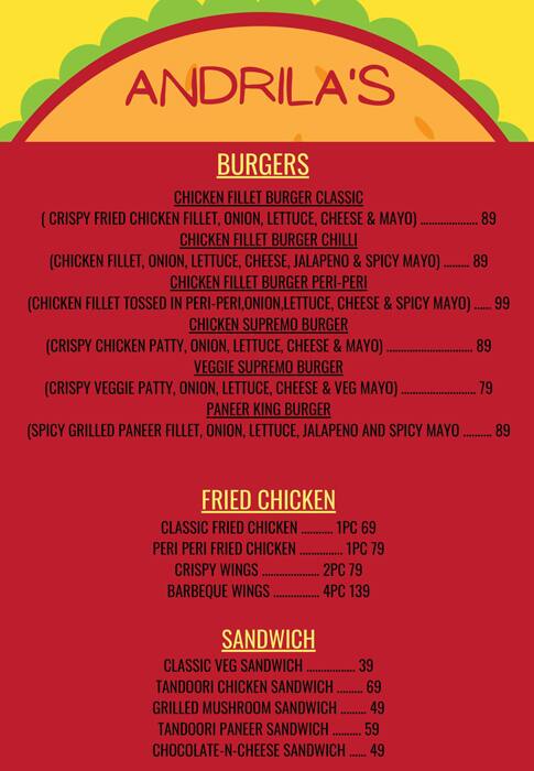 Menu of Andrila's, Kaggadasapura, Bangalore