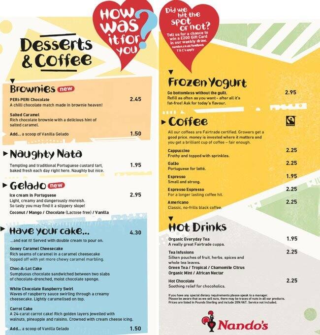 Menu at Nando's restaurant, Barking, Longbridge Rd