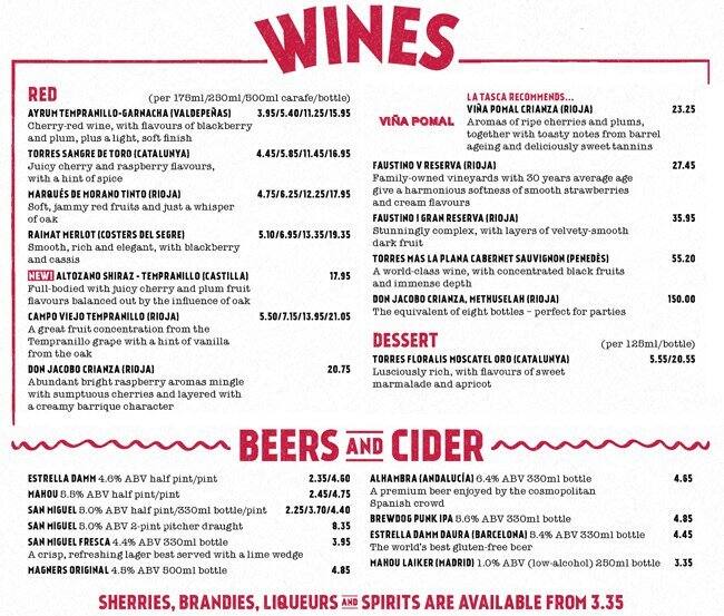 Menu at La Tasca restaurant, London, 30