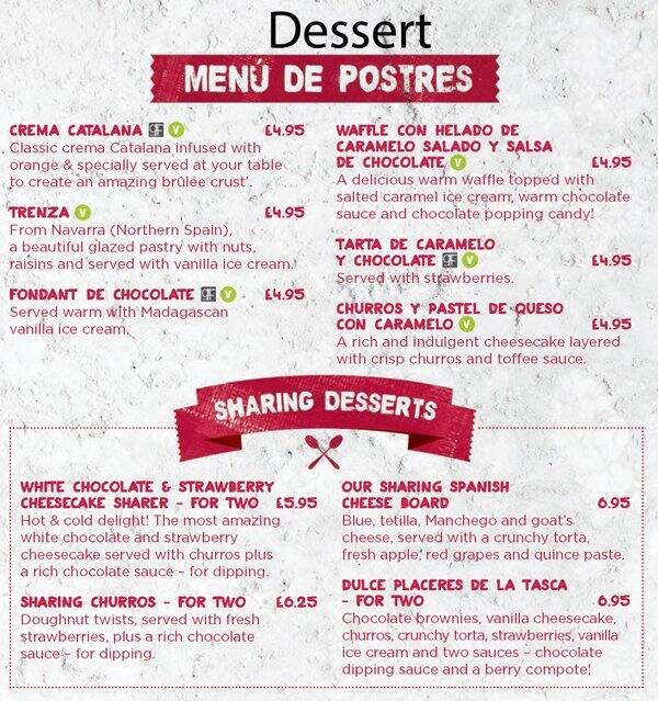 Menu at La Tasca restaurant, London, 30