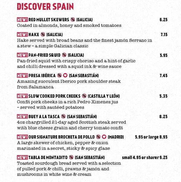 Menu at La Tasca restaurant, London, 30