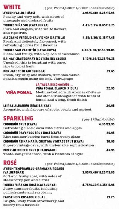 Menu at La Tasca restaurant, London, 30
