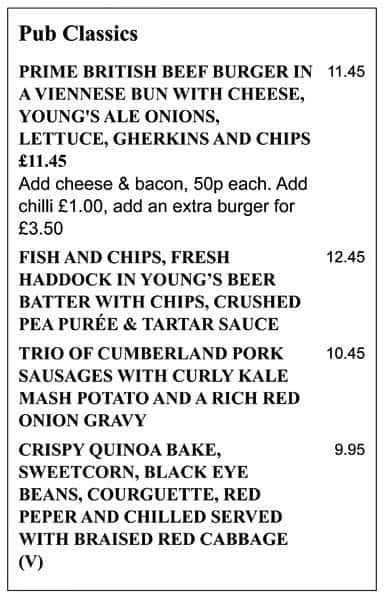 Menu at The Mitre pub & bar, London, 24 Craven Terrace