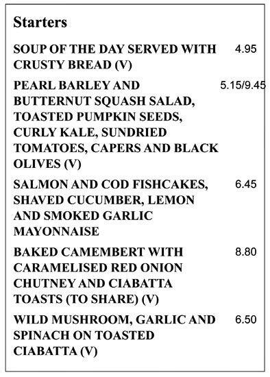 Menu at The Mitre pub & bar, London, 24 Craven Terrace