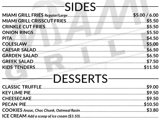 Menu at Miami Grill restaurant, Auckland