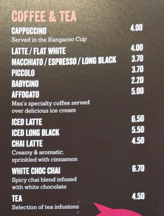 Menu at Max Brenner Chocolate Bar, Alexandria