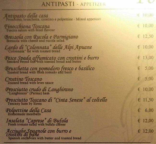 Menu da Trattoria Torre di Pisa ristorante, Milano