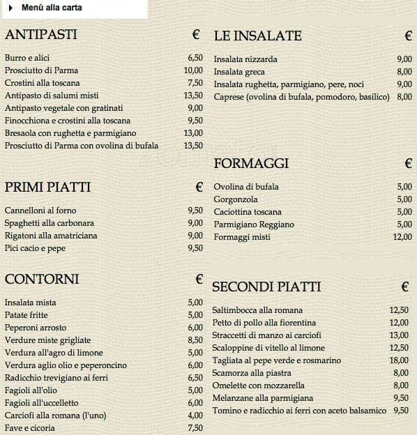 Speisekarte von Fiammetta pizza, ROM