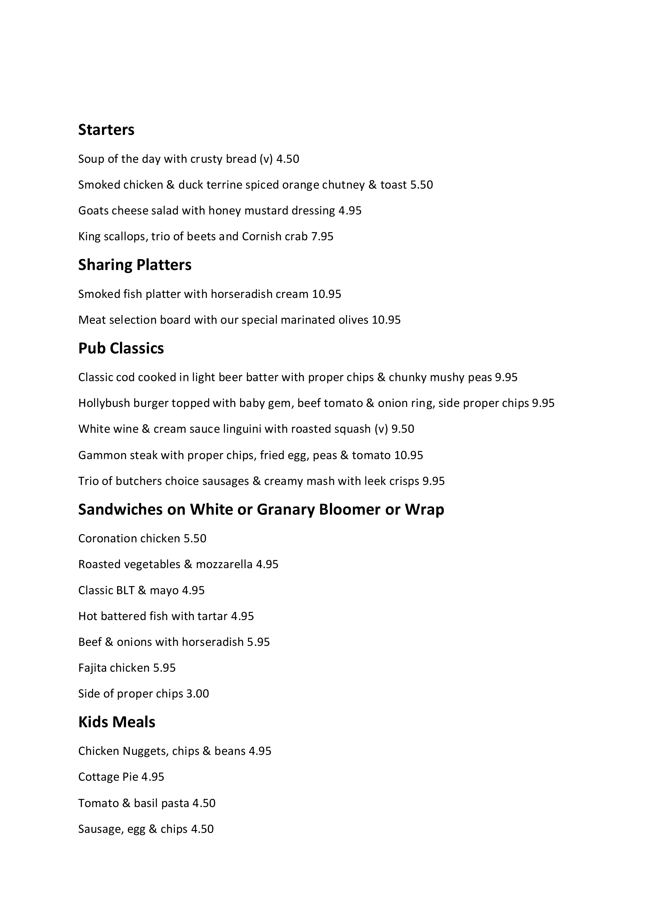 Menu at The Hollybush Pub, Bristol, 29 Bath Rd