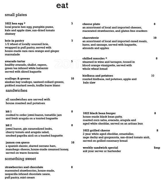 Menu at 1022 South J pub & bar, Tacoma