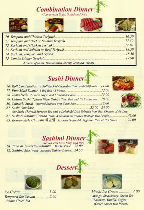 Menu at Tomo Sushi restaurant, San Jose