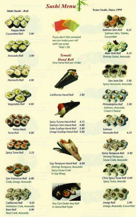 Menu at Tomo Sushi restaurant, San Jose