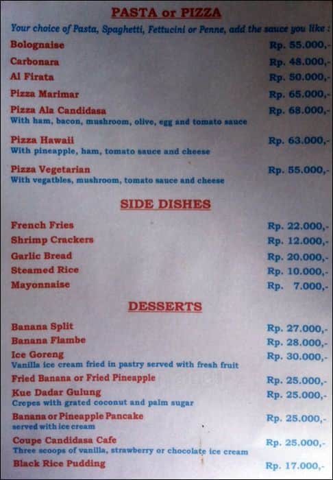 Menu at Candidasa Restaurant, Amlapura