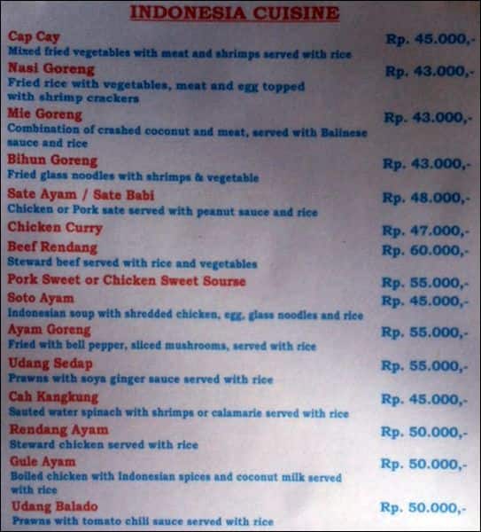 Menu at Candidasa Restaurant, Amlapura