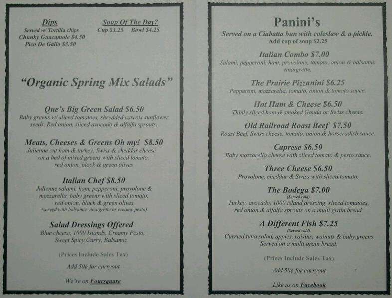 Menu at Que's Bar & River Deck, Prairie du Sac