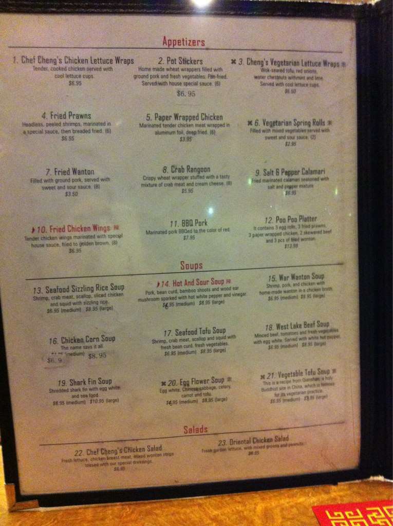 Menu at Chef Cheng's restaurant, Elko