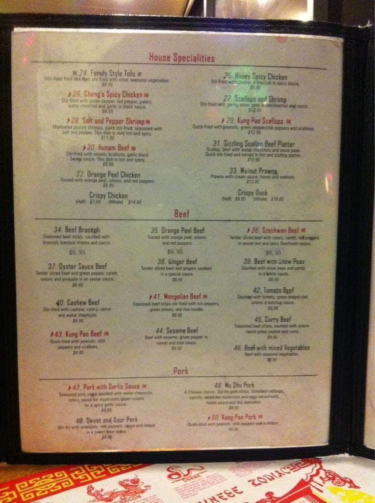 Menu at Chef Cheng's restaurant, Elko