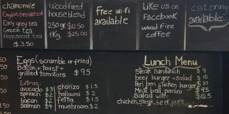 Menu at Wood Fired Coffee cafe, Brookvale