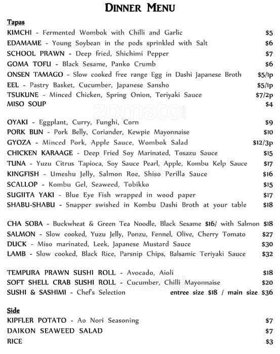 Menu at Dashi Modern Japanese Tapas & Sake Bar, Mount Eliza