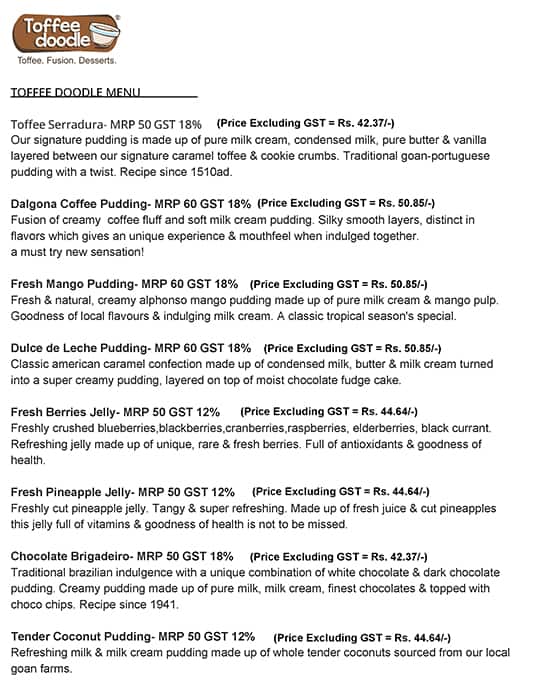 Menu at Toffee Doodle, Majorda, Shop G3