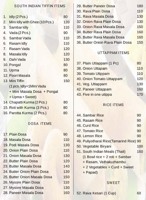 Menu at Sri Saravana Bhavan, Delhi