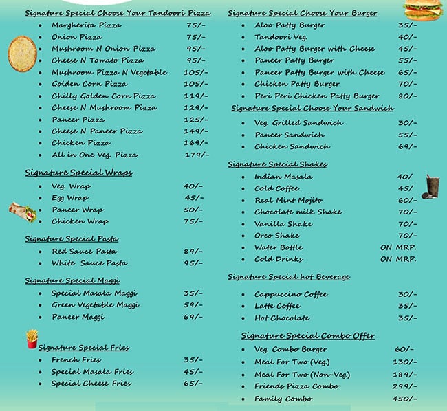 Menu of Signature Cafe, Burari, New Delhi