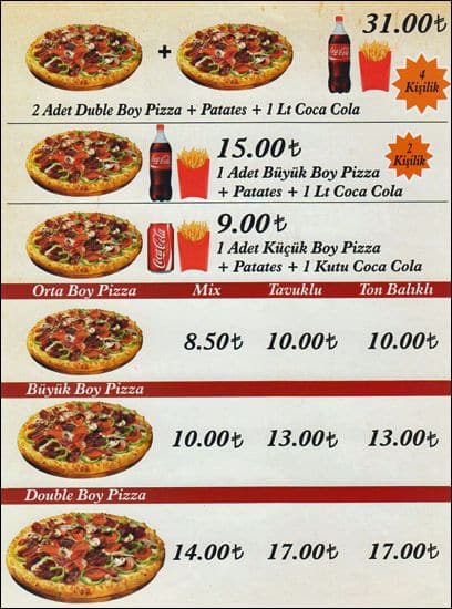 Menu at Pizza Tat, Ankara