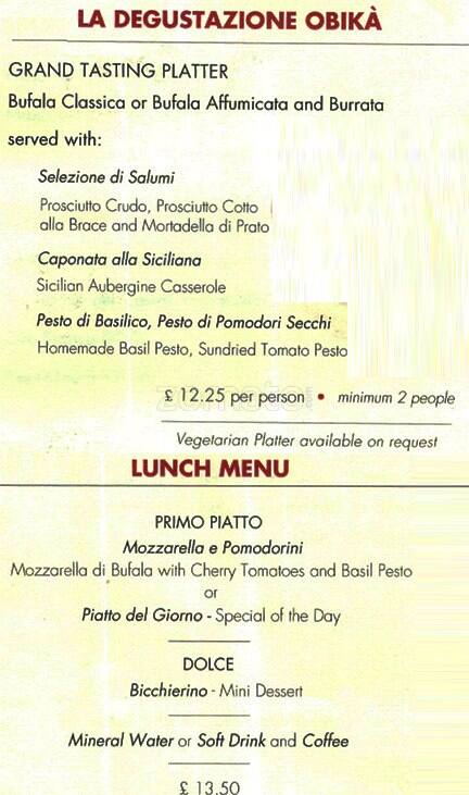 Obika Florence Menus