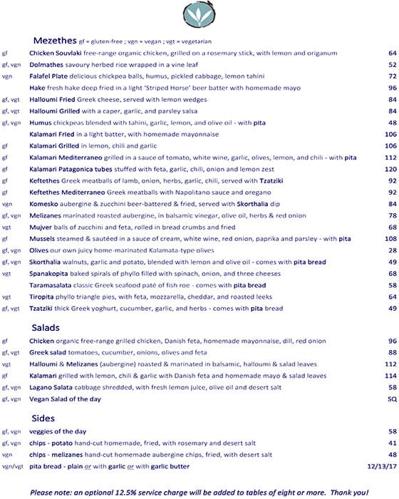 Menu at Maria's Greek Café restaurant, Cape Town