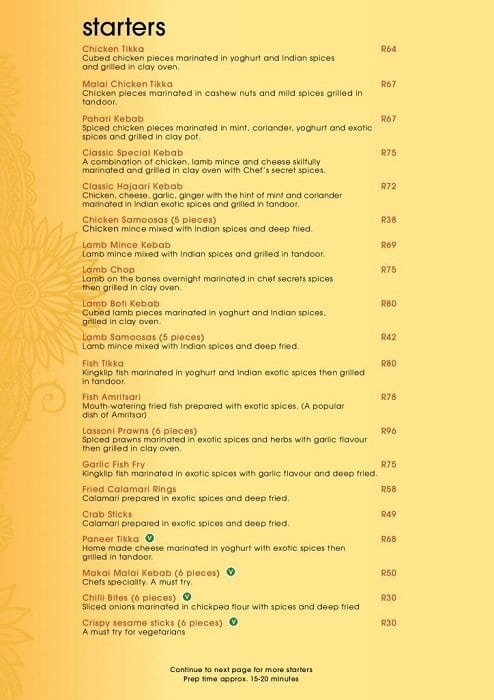 Speisekarte von The Classic India restaurant, Johannesburg, Shop G07