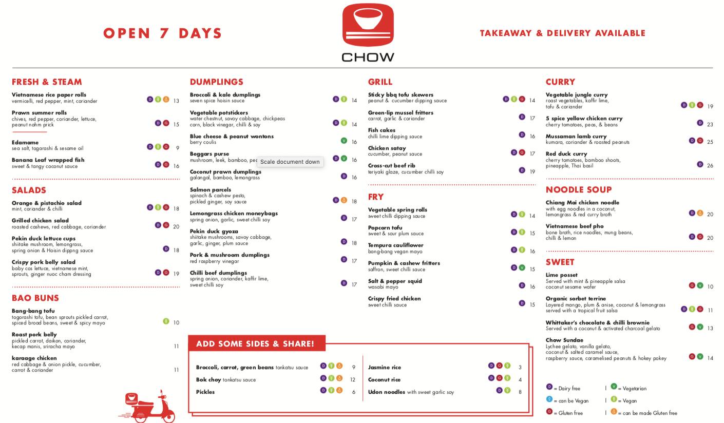 Menu at Chow Tory restaurant, Wellington, 45 Tory St