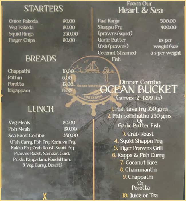 Menu at Marina the sea face restaurant, Kochi