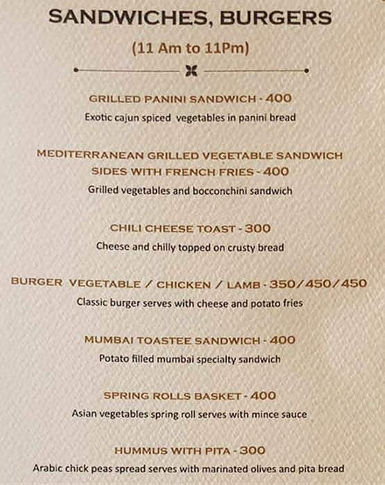 Menu of Tavern - Fariyas Resort, Lonavala, Pune