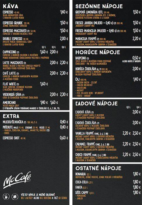 Menu at McCafé cafe, Nitra, Bratislavská 2655/20
