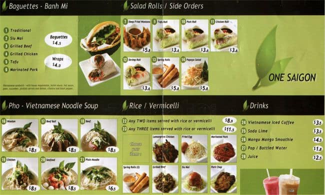 Menu at One Saigon restaurant, Vancouver