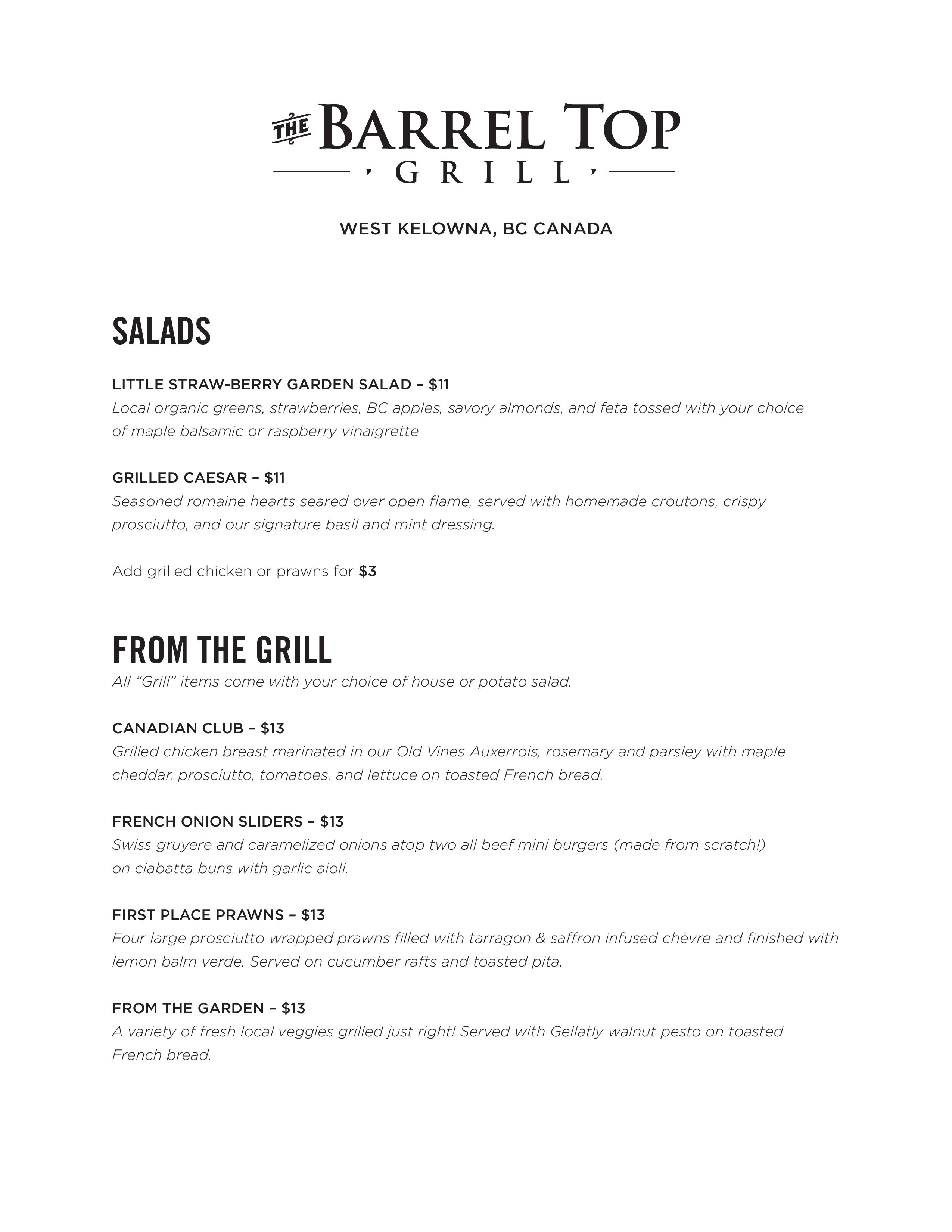 Menu at The Barrel Top Grill, West Kelowna
