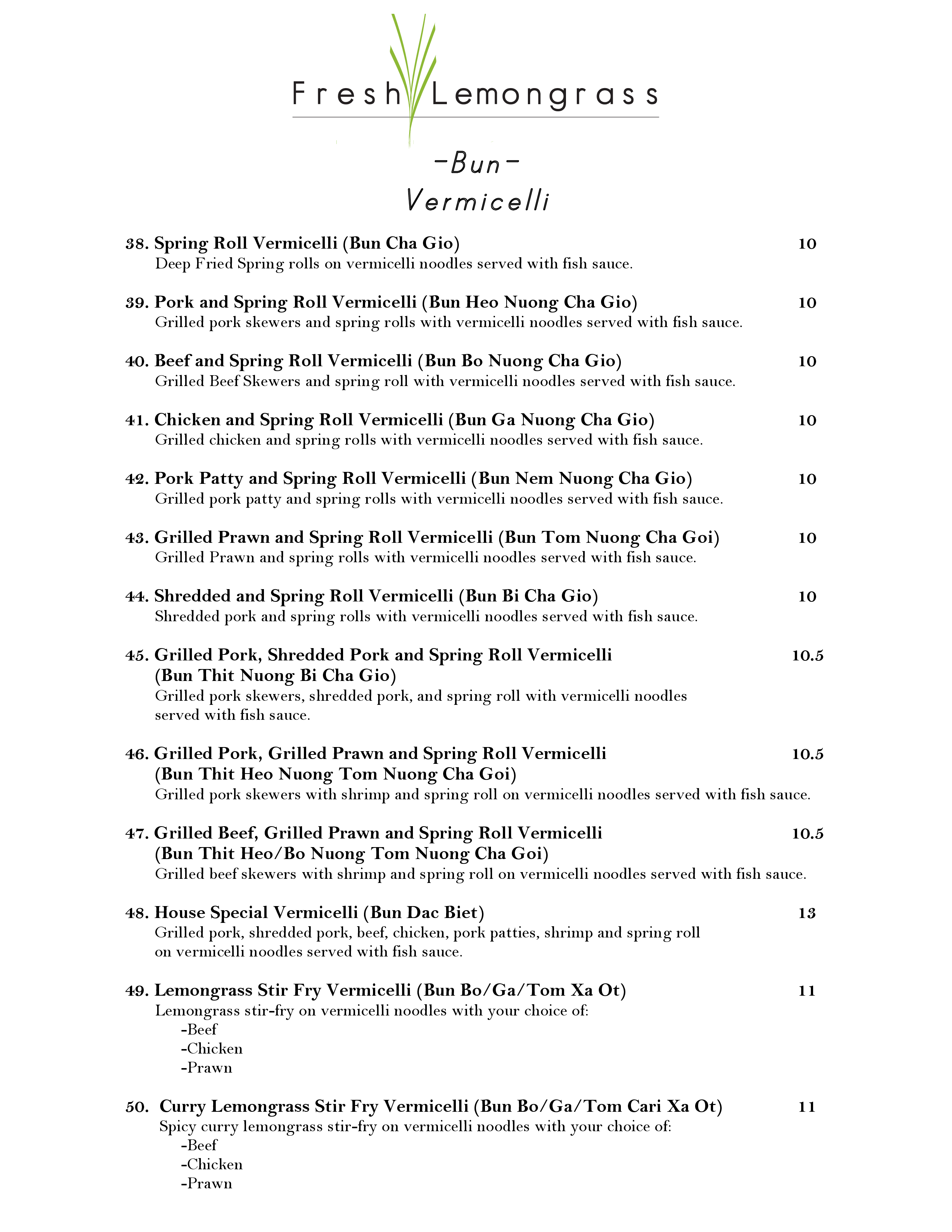 Menu at Fresh Lemongrass Vietnamese Restaurant, Vernon