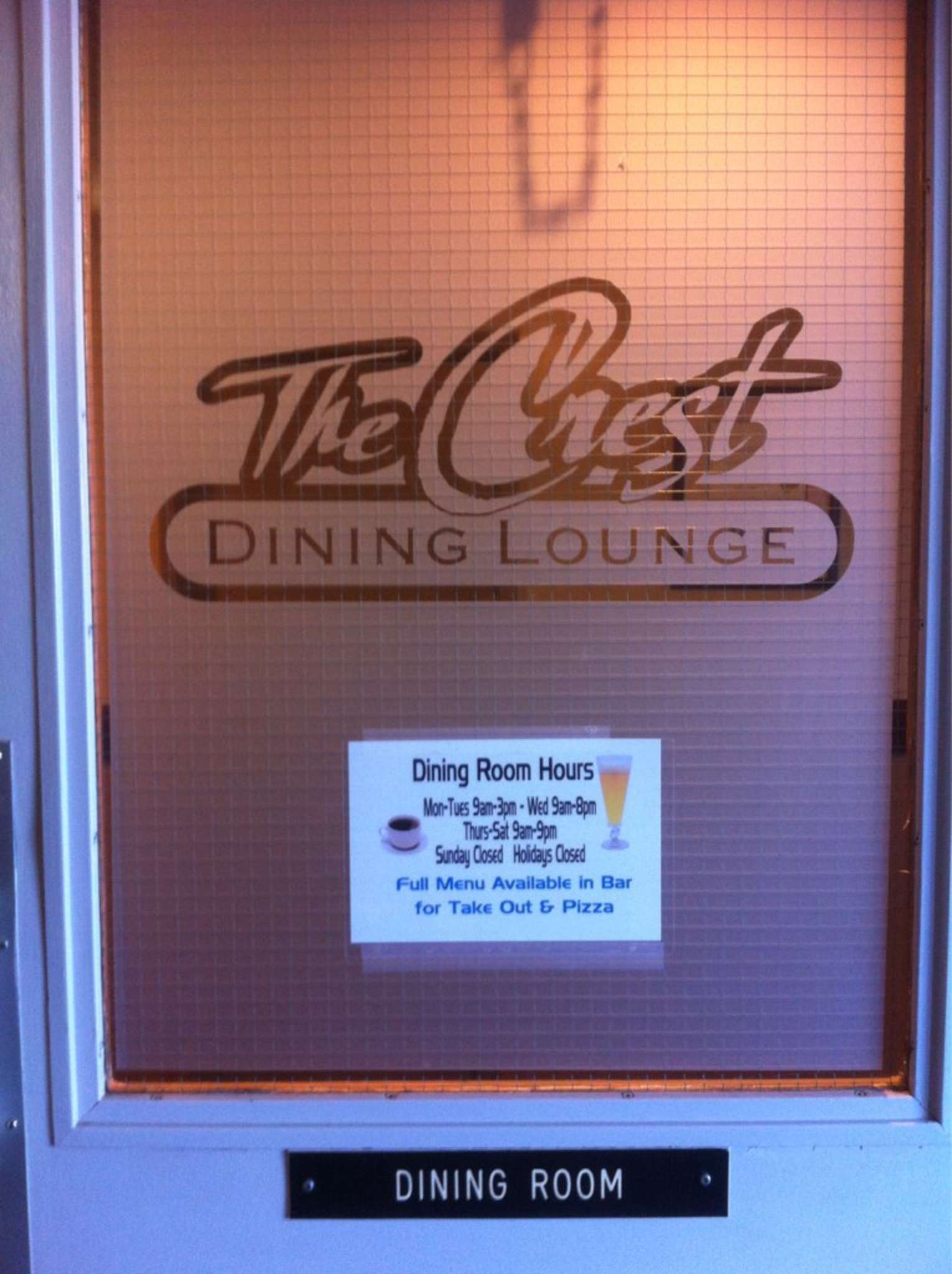 Menu at Rivercrest Inn pizzeria, Canada