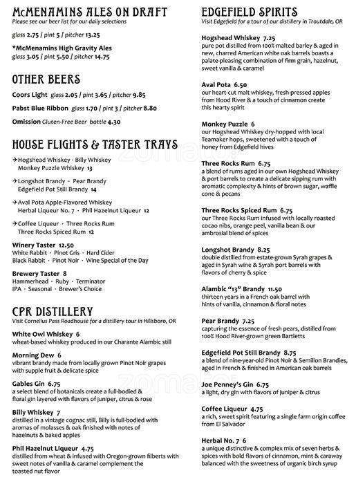 Carta del pub y bar McMenamins Oregon City, Oregon City, 102 9th St