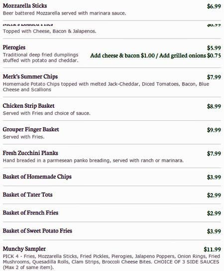 Menu at Merk's Bar & Grill, New Smyrna Beach