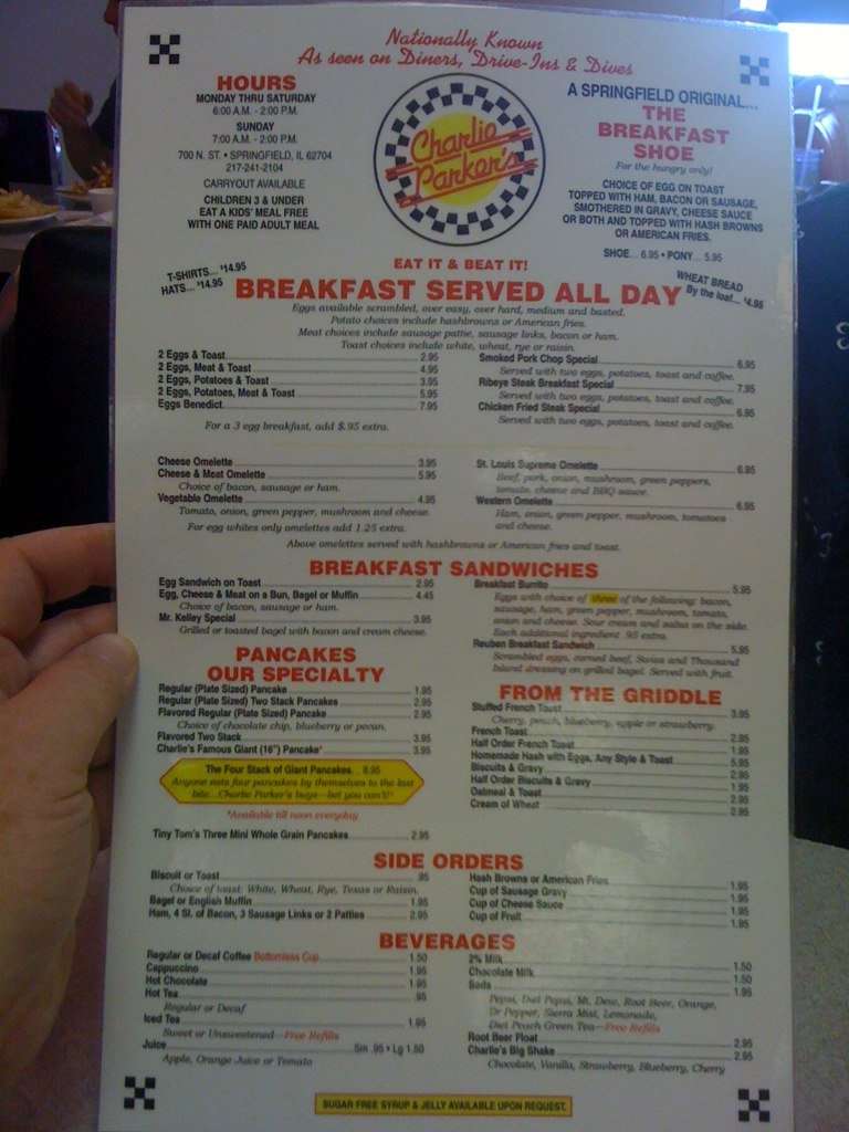 Menu at Charlie Parker's Diner restaurant, Springfield