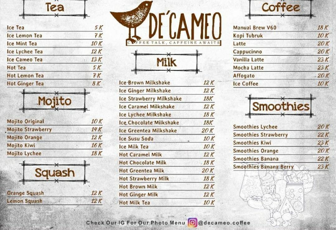 Menu at De’Cameo.Coffee cafe, Bandung
