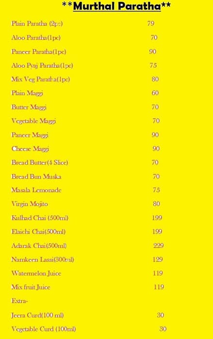 Menu of Murthal Paratha, Indirapuram, Ghaziabad