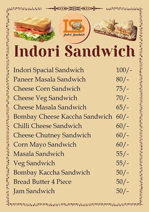 Menu of Indori Sandwich, Vijay Nagar, Indore