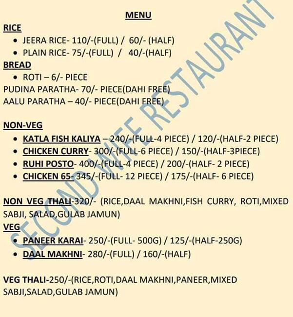 Menu of Second Wife Restaurant, Vasant Kunj, New Delhi