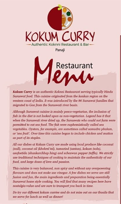 Menu of Kokum Curry, Panaji, Goa